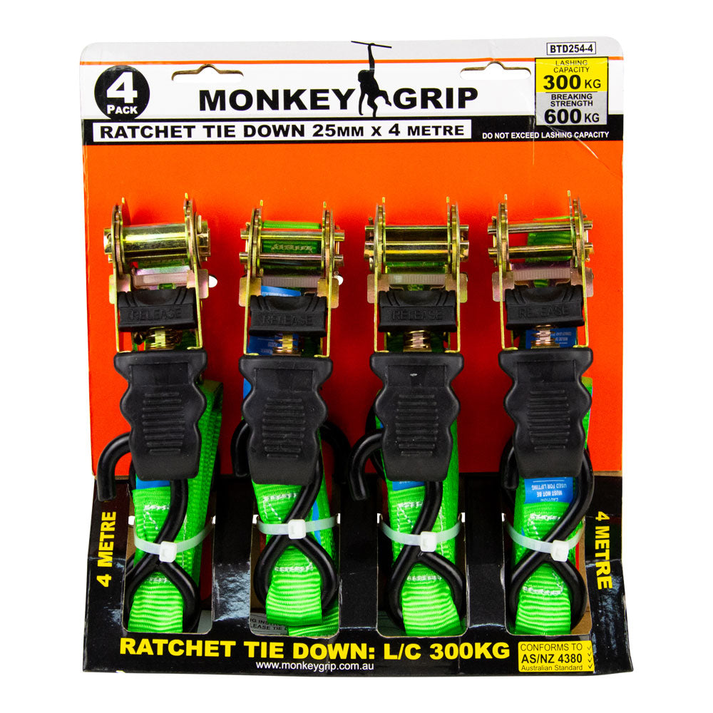 Monkey Grip Ratchet Tie Down 300KG Capacity 4M x 25mm - 4 Pack | Green / 4 Pack | Monkey Grip ...